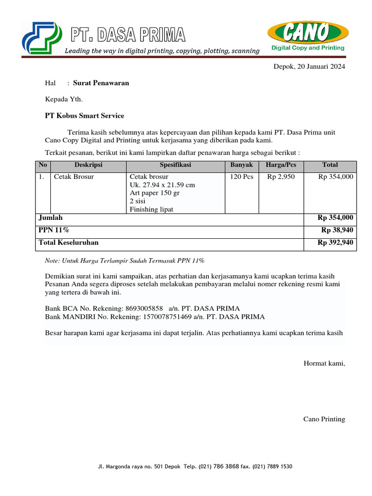Penawaran Harga Cetak Brosur PT Dasa Prima | PDF