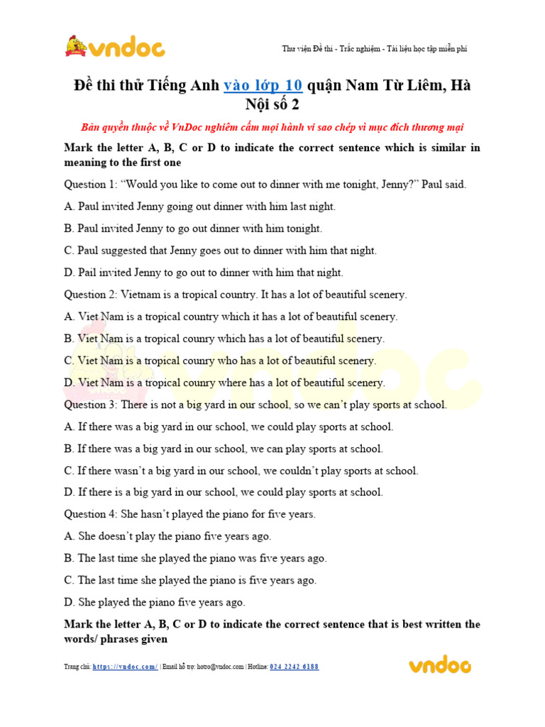 De Thi Thu Tieng Anh Vao Lop 10 Quan Nam Tu Liem Ha Noi So 2 | PDF