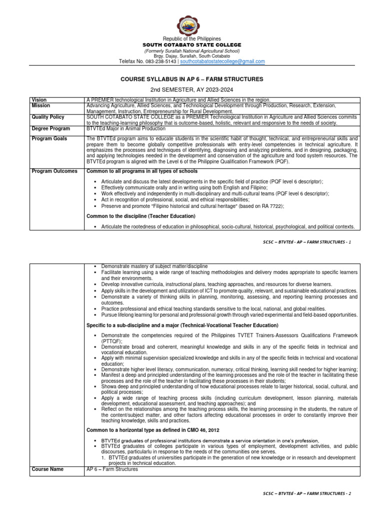AP 6 Farm Structures OBE Syllabus | PDF | Learning | Curriculum