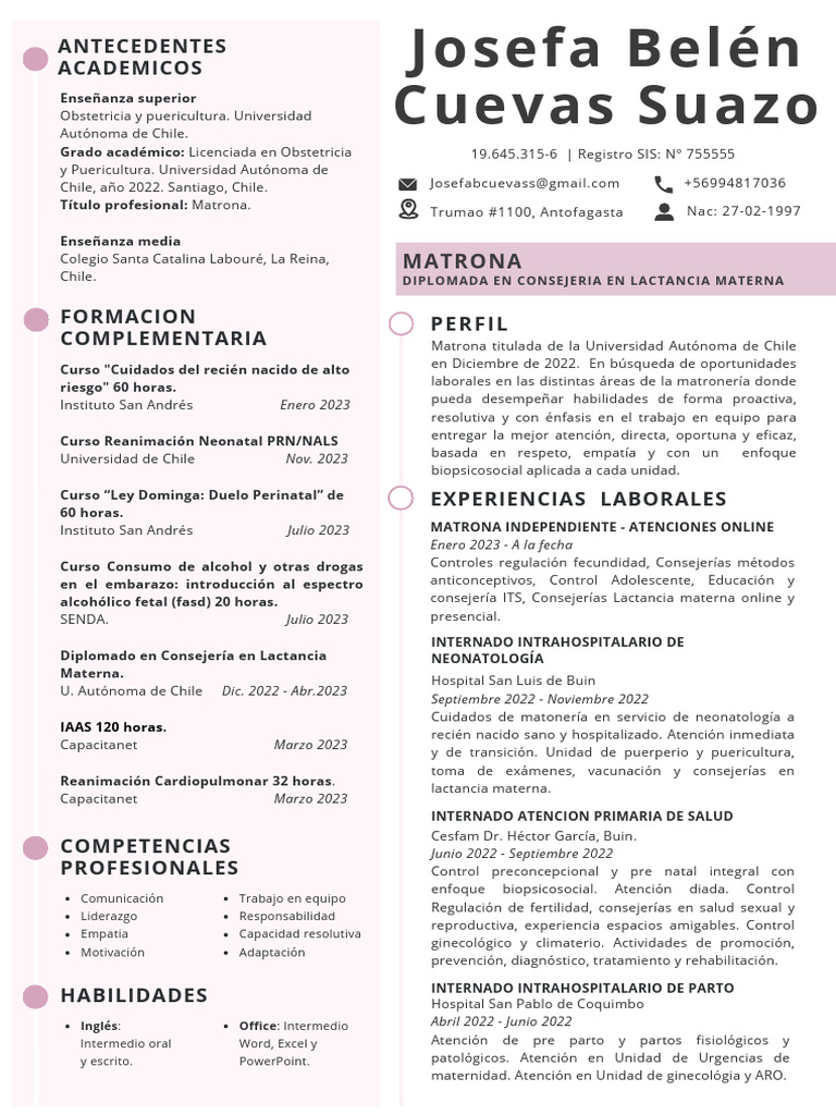 CV Josefa Cuevas Antofagasta | PDF | Partería | Maternidad