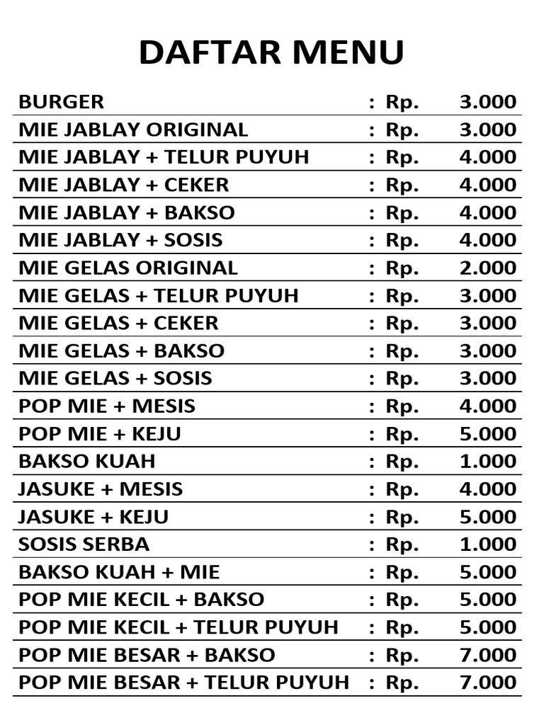 Daftar Menu Mie Jablay | PDF