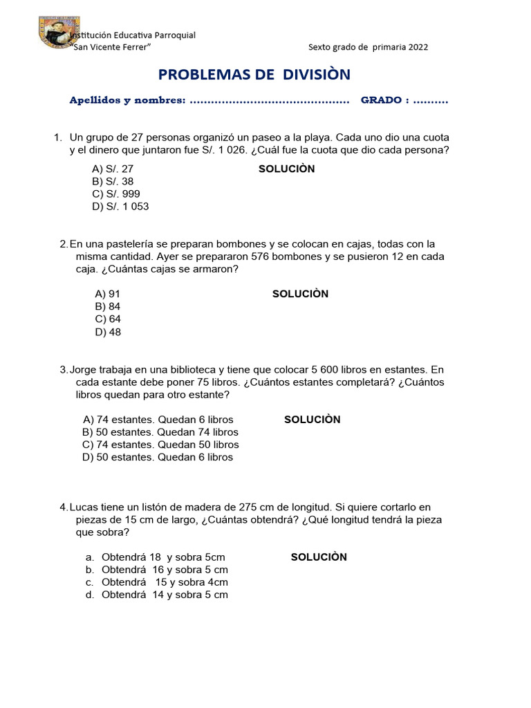 15 Problemas de División para Sexto Grado | PDF | Arte