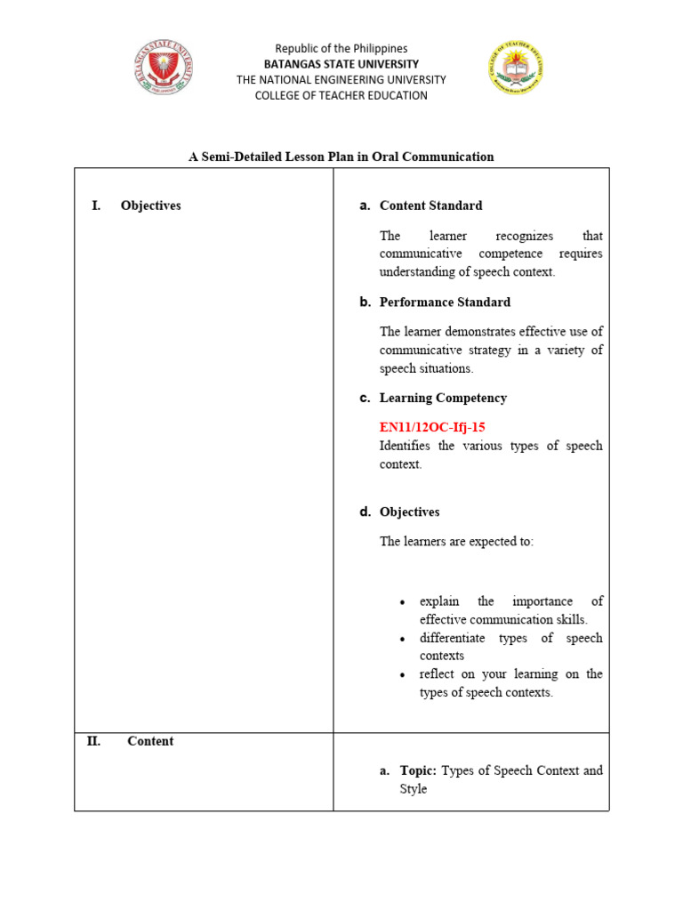Oral Communication Lesson Plan | PDF | Communication | Learning