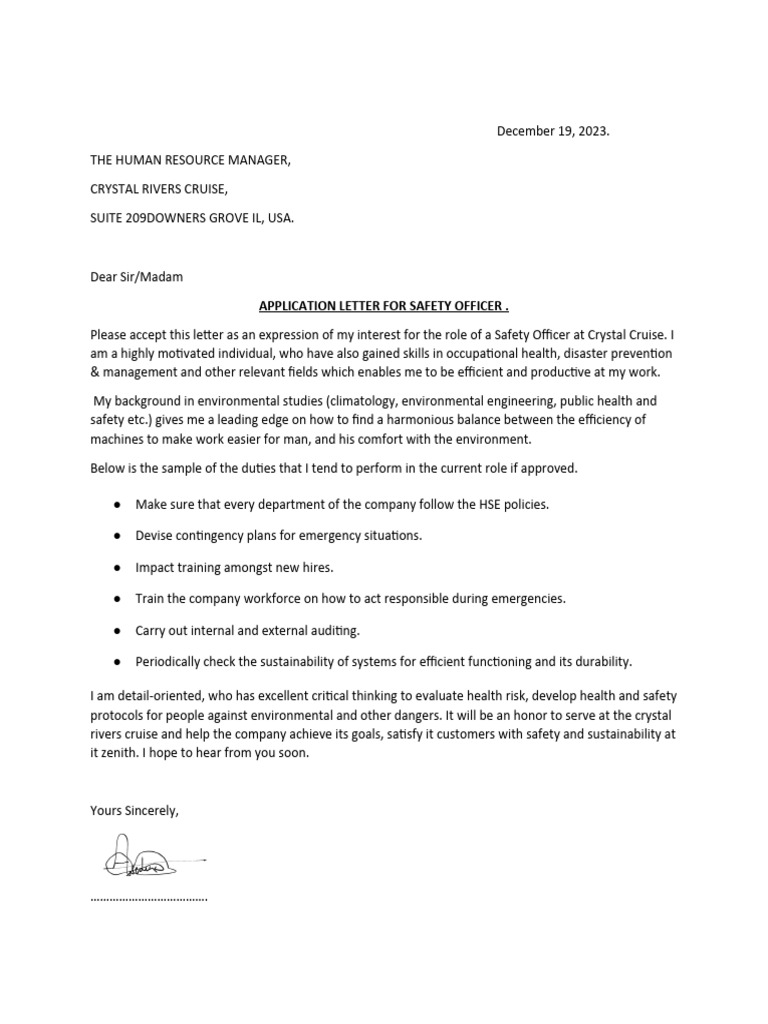Application Letter For Safety Officer | PDF