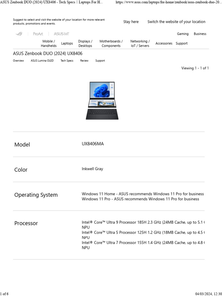 ASUS Zenbook DUO (2024) UX8406 - Tech Specs Laptops For Home ASUS Global | PDF | Personal ...