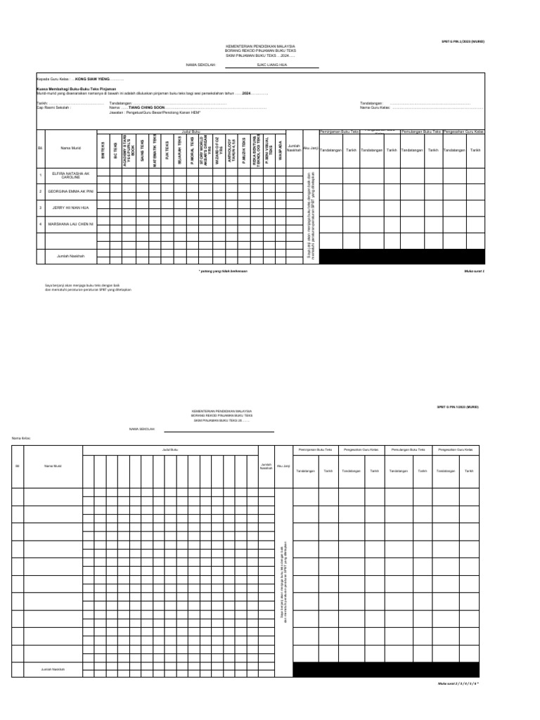 BORANG SPBT G PIN.1 - 2023 Murid Dan Guru Yr6 | PDF