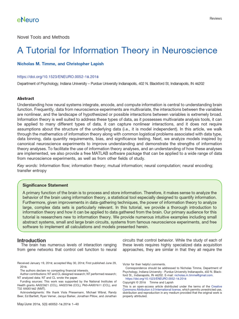 (2018) A Tutorial For Information Theory in Neuroscience | PDF ...