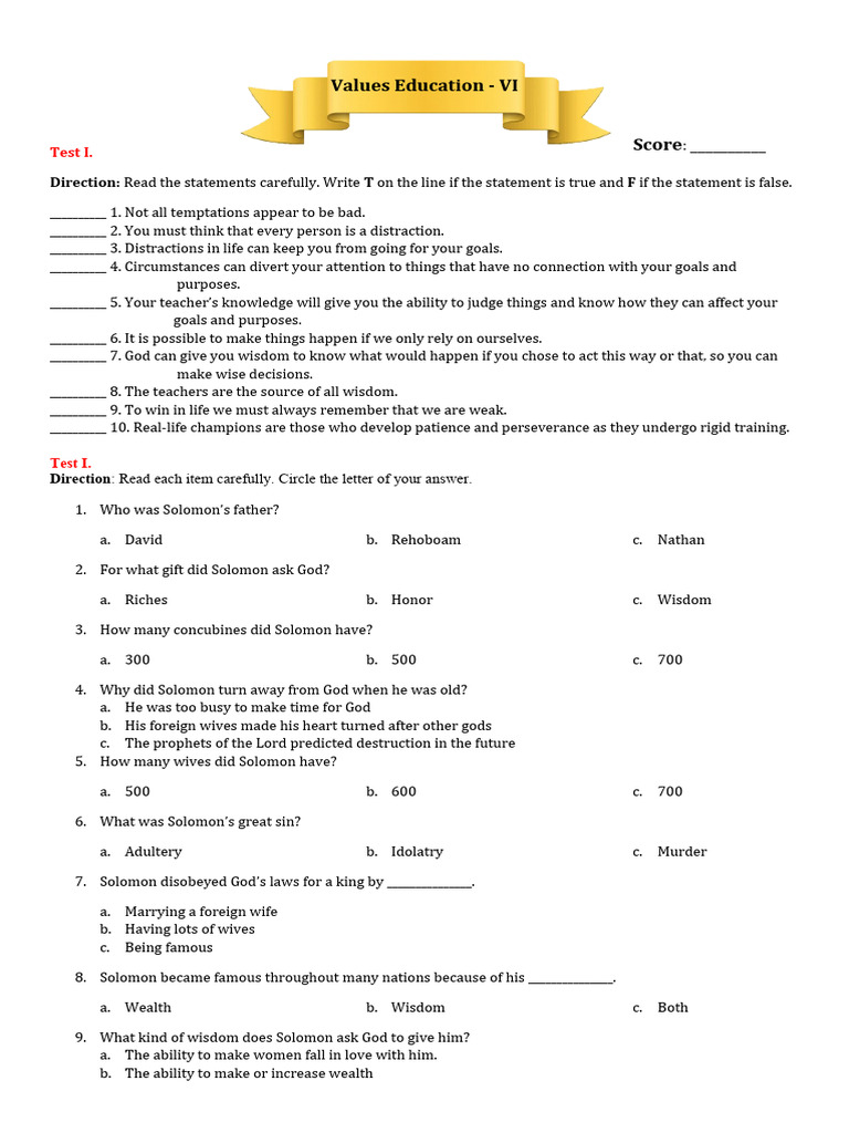 Values Education Test: Solomon's Wisdom | PDF | Career & Growth | Self ...