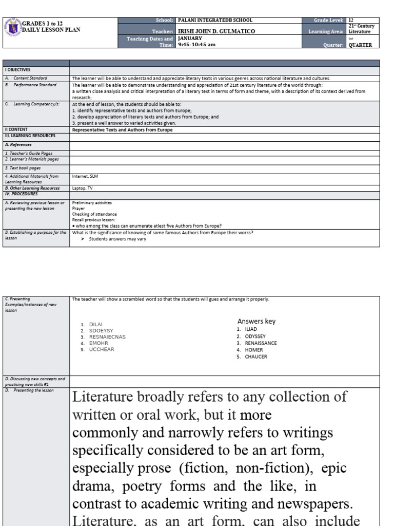 21st Century Lit.-DLP Q2 - Representative Texts and Authors From Europe ... 21st Century Lit.-DLP Q2 - Representative Texts and Authors From Europe ...