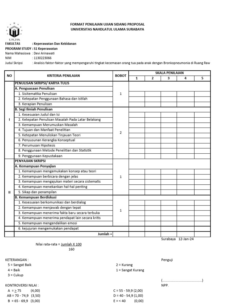 Format Penilaian Proposal S1 Kep | PDF