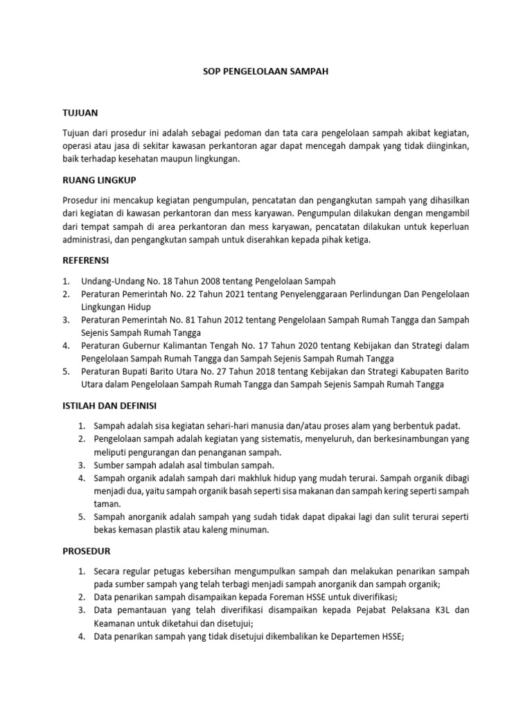 SOP PENGELOLAAN SAMPAH PERKANTORAN DAN MESS KARYAWAN | PDF