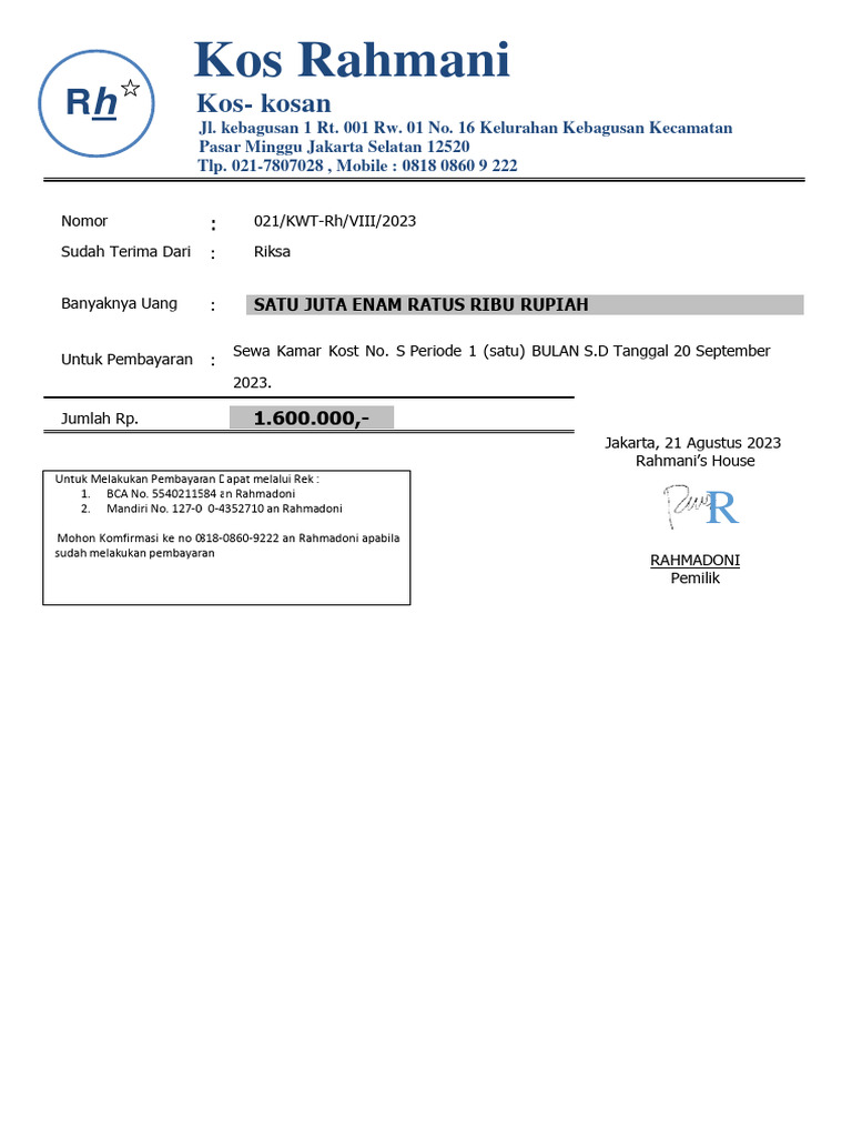 Kwitansi Kosan No. S | PDF
