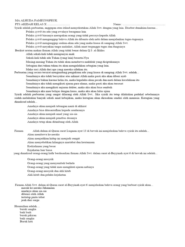 Kumpulan Soal Akidah Kelas X SM2 | PDF