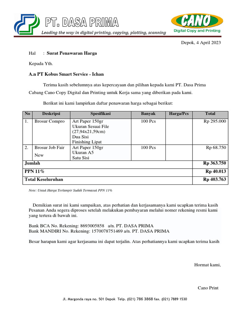 Surat Penawaran PT Dasa Prima | PDF