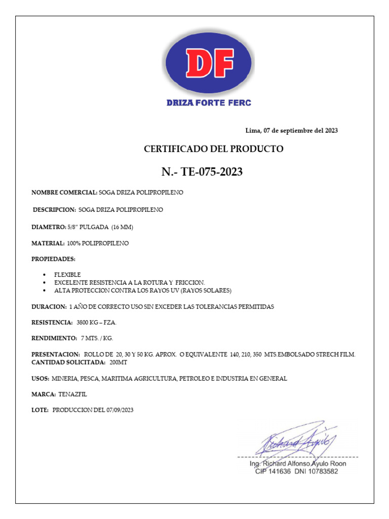 84.-Certificado de Calidad - Soga Driza 5-8 PDF | PDF