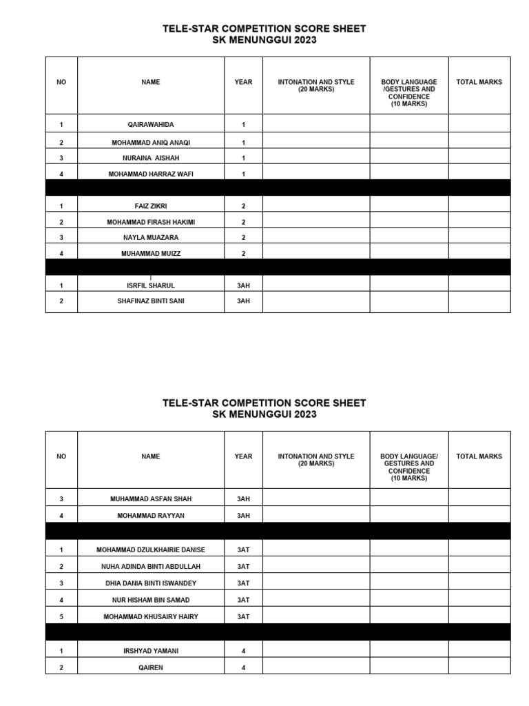 Tele-Star Competition Score Sheet 2023 | PDF