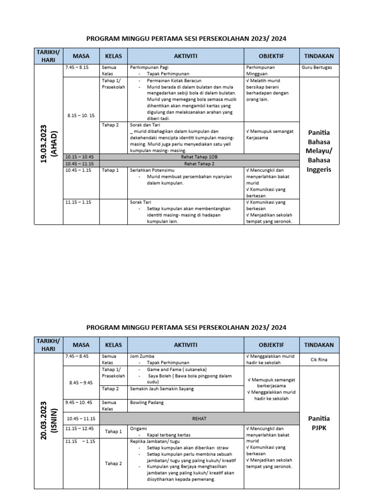 Aktiviti Minggu Pertama Persekolahan 2023 | PDF
