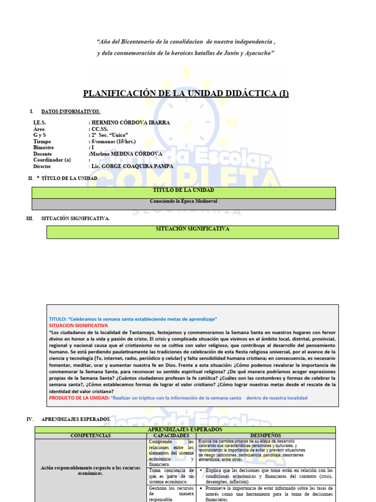 FORMATO DE UNIDAD DE APRENDIZAJE CC - Ss - 2024 2do | PDF | Entorno natural | Perú
