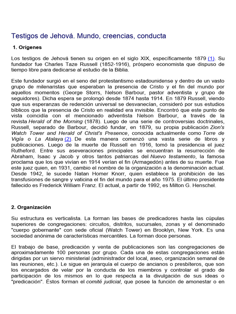 Creencias y Estructura de los Testigos de Jehová | PDF | Religión y ...