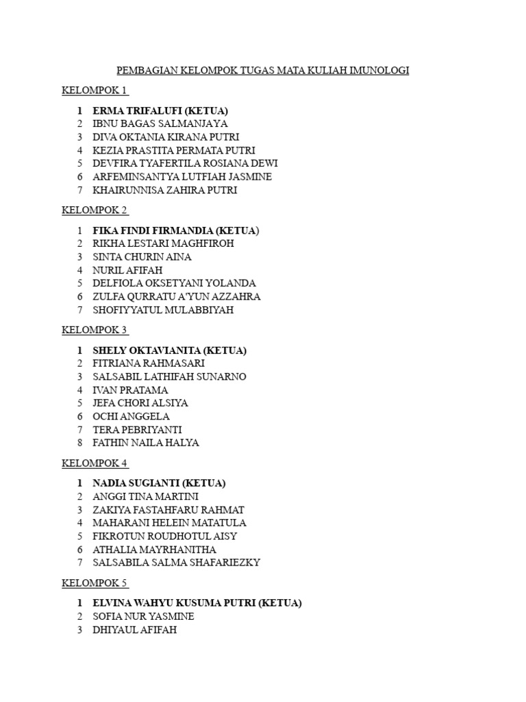 Pembagian Kelompok Tugas Mata Kuliah Imunologi | PDF