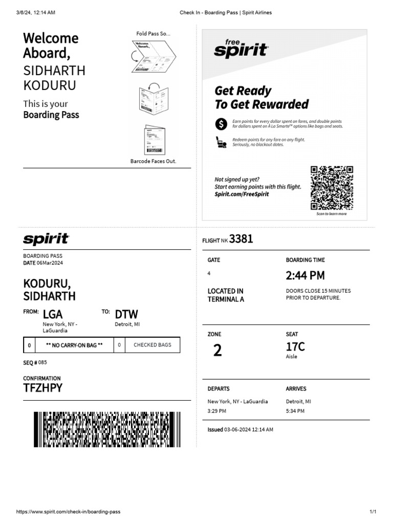 Check in - Boarding Pass - Spirit Airlines SID | PDF