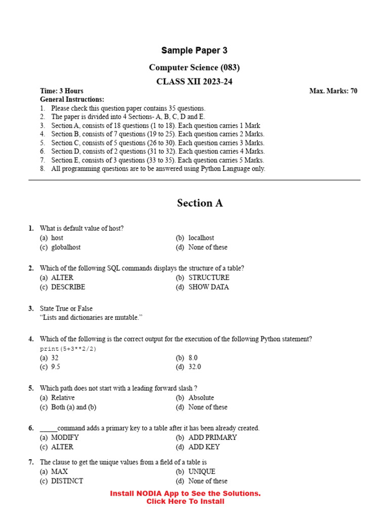 CS Sample Paper 3 | PDF | Parameter (Computer Programming) | Data Management