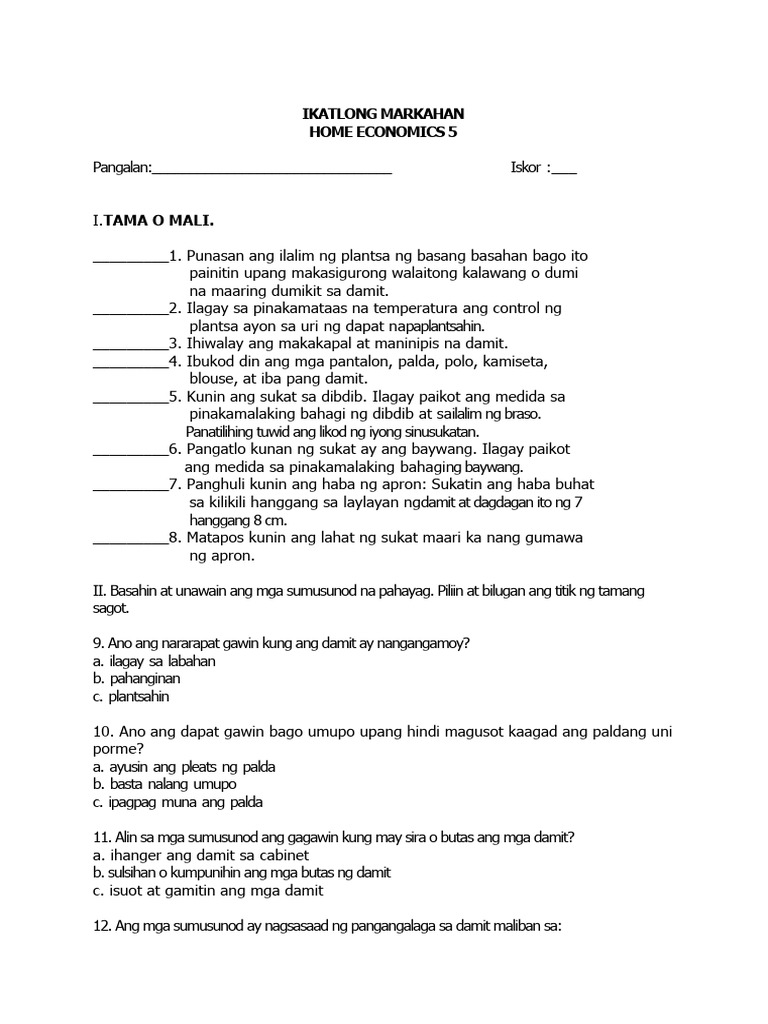 Ikatlong Markahan Home Economics 5 | PDF
