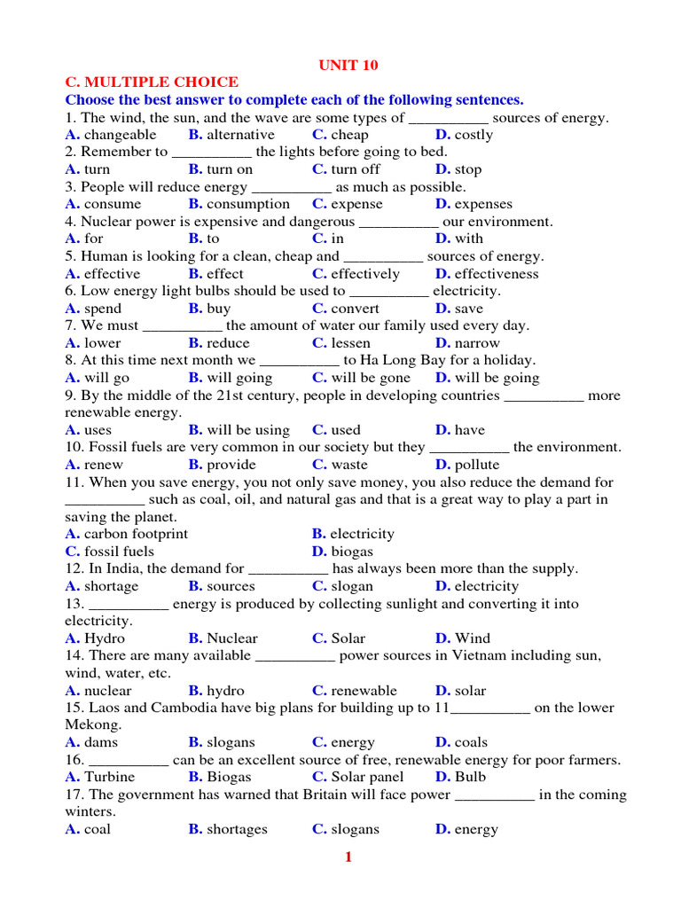 Multiple Choice E7 (Unit 7-12) | PDF | Energy Development | Wind Power