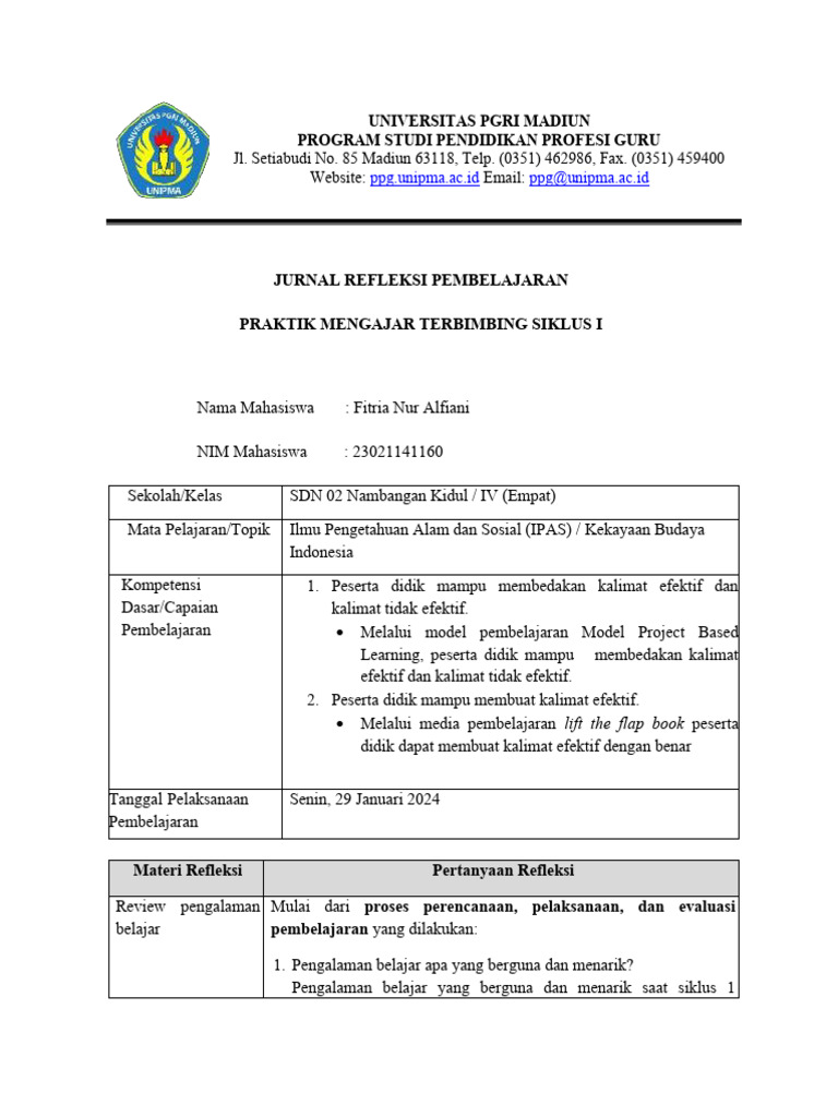 Refleksi Pembelajaran Fitria Nur Alfiani | PDF