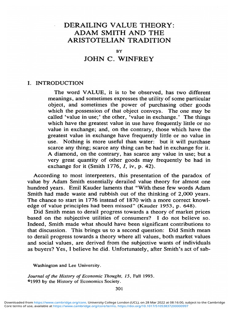 Winfrey - 1993 - Derailing Value Theory Adam Smith and The Aristot | Download Free PDF | Value ...