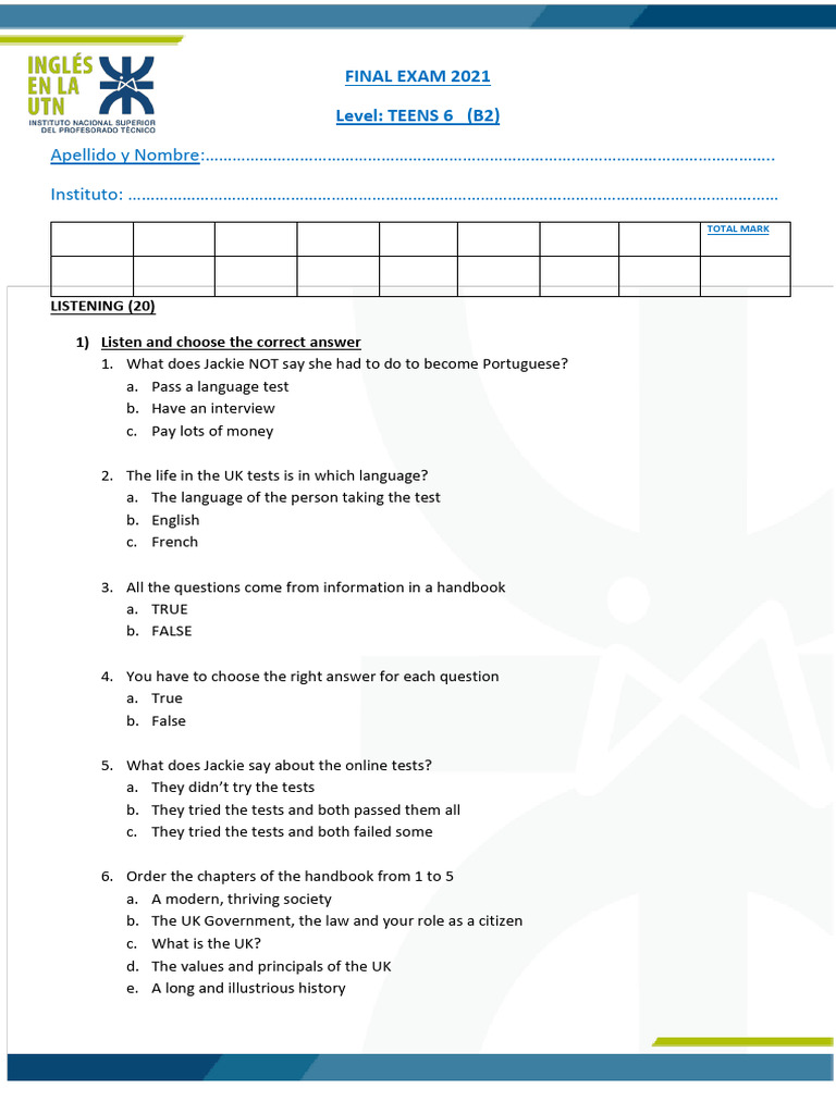 Teens 6 - Final Exam 2021 | PDF