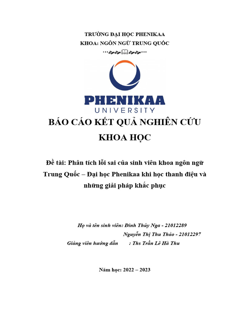 Phân tích lỗi sai của sinh viên khoa ngôn ngữ Trung Quốc - Đại học Phenikaa khi học thanh điệu ...