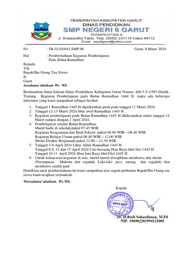 Surat Kegiatan Pembelajaran Ramadhan 1445 H | PDF