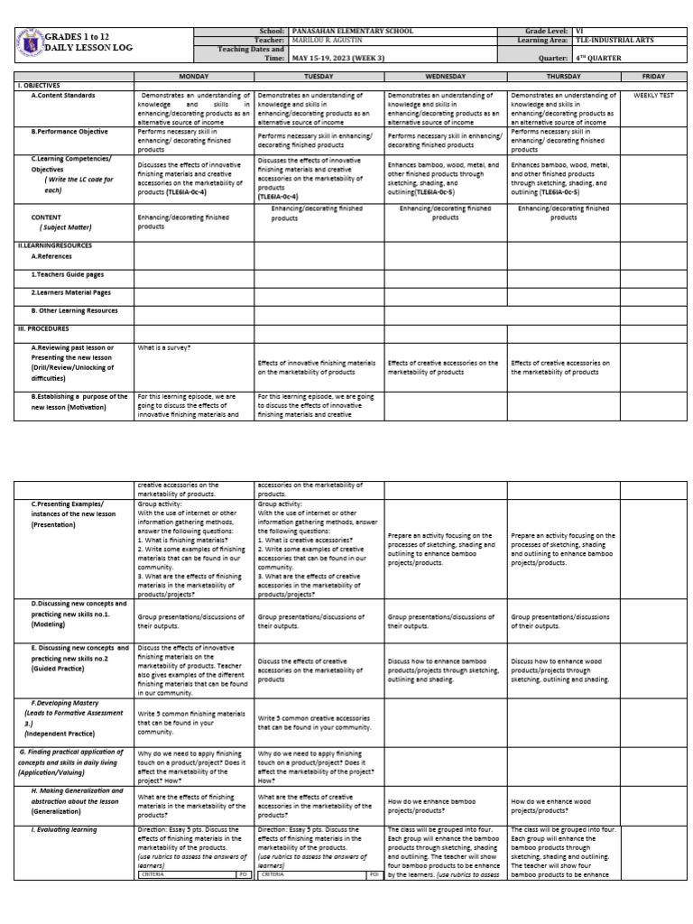 DLL - Tle 6 - Q4 - W3 | PDF | Learning | Behavior Modification