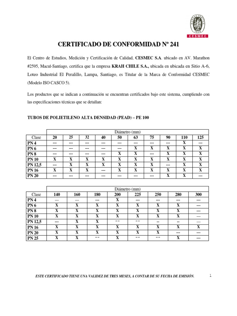 Certificación de Productos Krah Chile S.A. | PDF