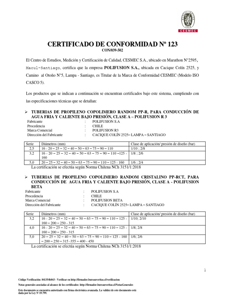 Certificado de Calidad PPR Polifusion | Descargar gratis PDF | Tubería ...