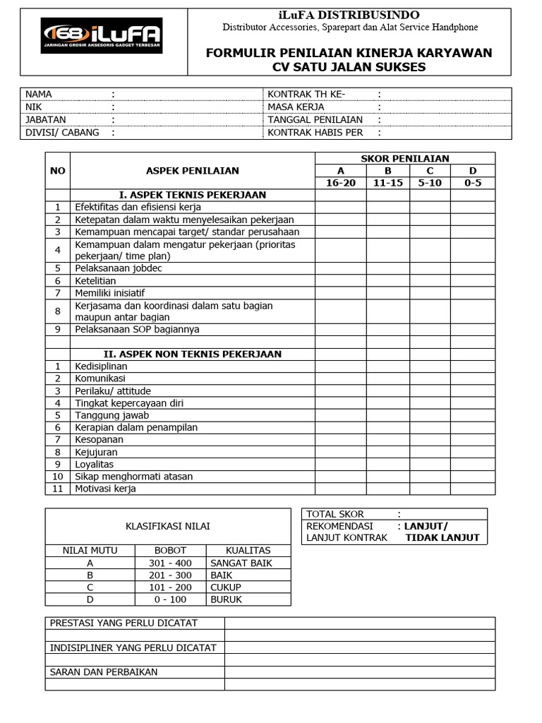 Formulir Penilaian Kinerja Karyawan (Kontrak) | PDF