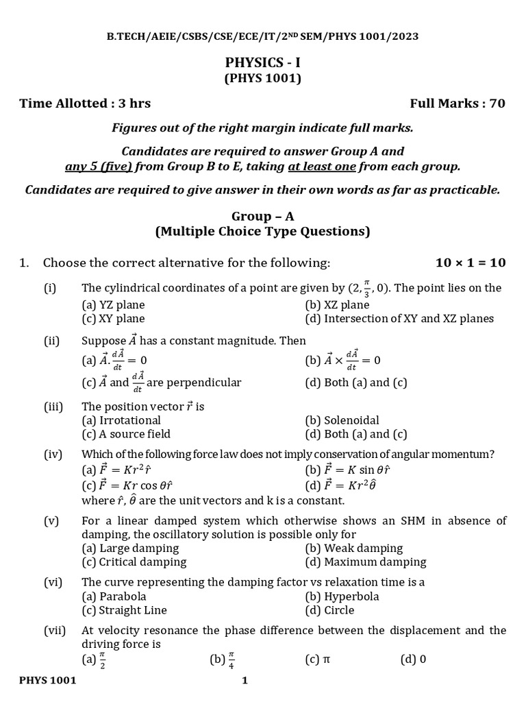 Physics - I-Phys 1001-2023 | PDF | Magnetic Field | Velocity