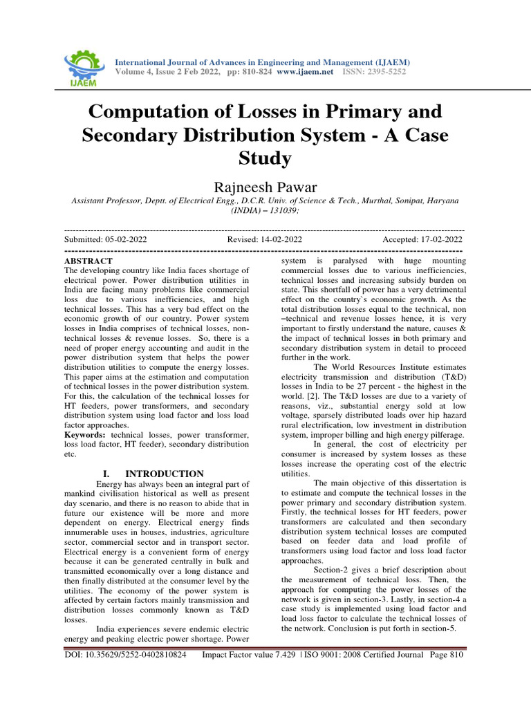 Computation of Losses in Primary and Secondary Distribution System A Case Study | PDF | Electric ...