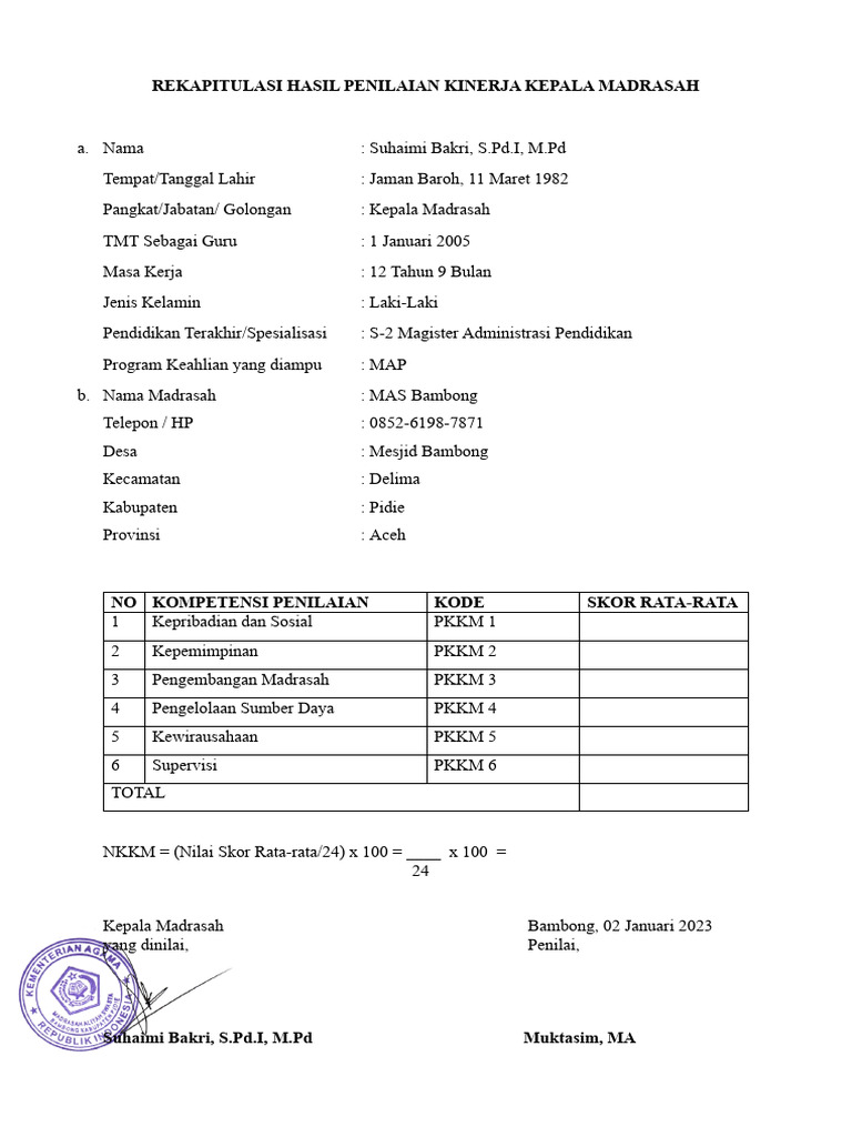 C1 EDM Rekapitulasi Hasil Penilaian Kinerja Kepala Madrasah | PDF