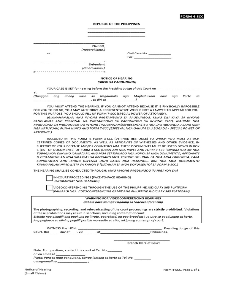 FORM 04 SCC Bisaya Notice of Hearing | PDF