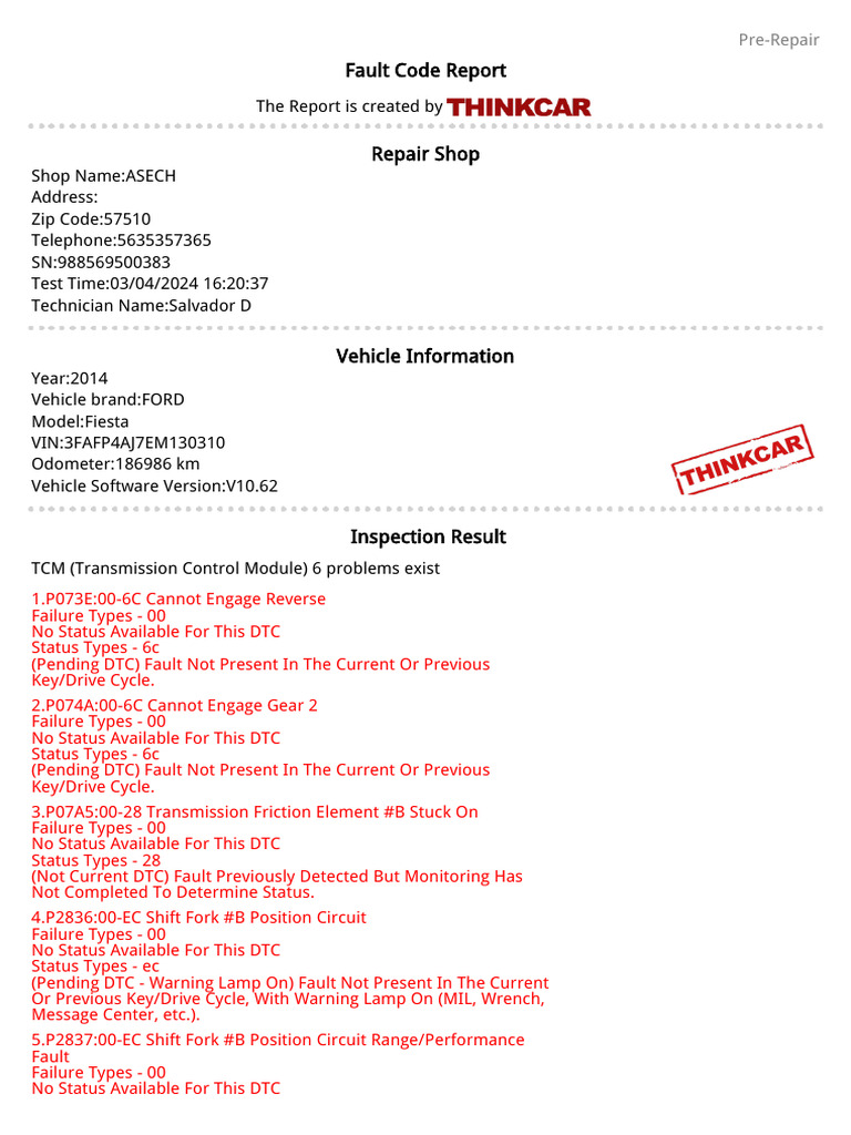 Fault Code Report: Pre-Repair | PDF | Business | Computers