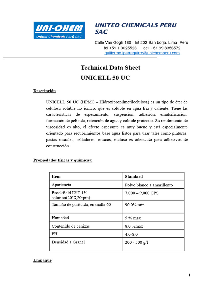 UNICELL 50 UC: Éter de Celulosa HPMC | PDF | Agua | Química