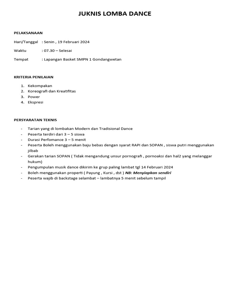 Juknis Lomba Dance 2024 dan Kriteria Penilaian | PDF