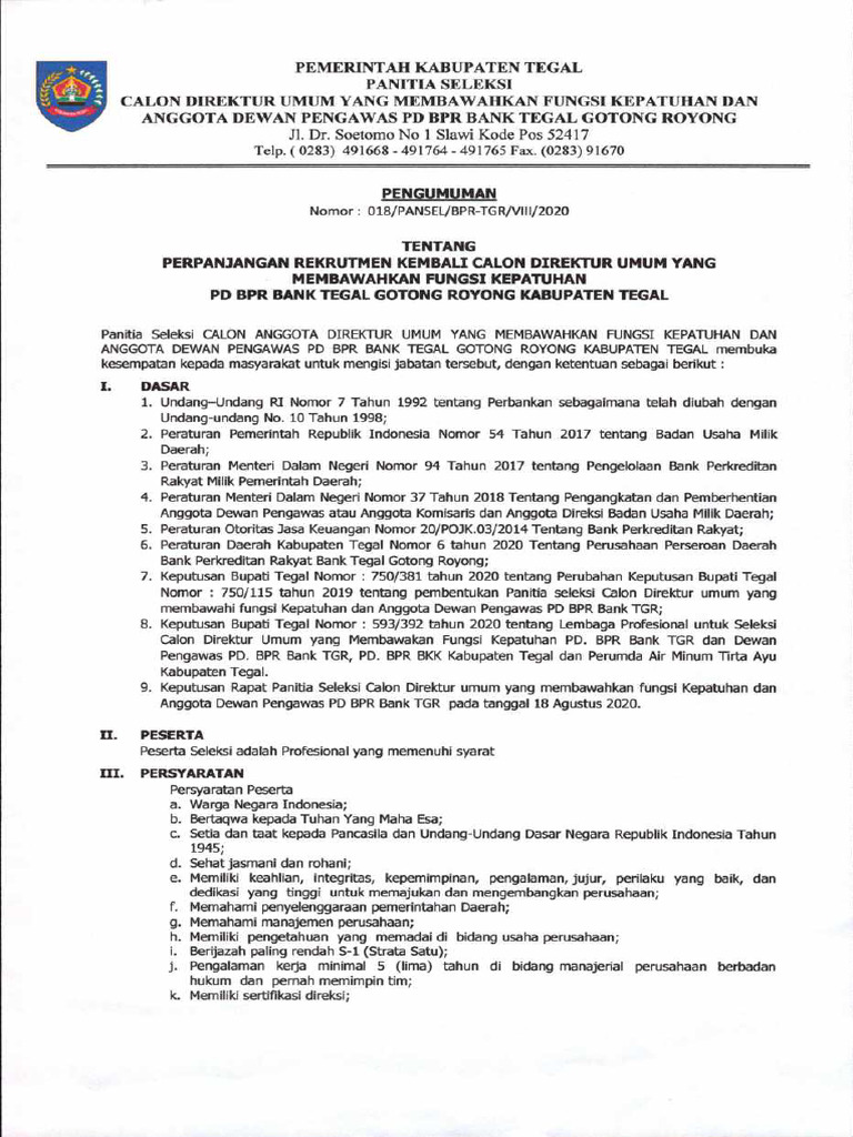 Pengumuman Perpanjangan Rekruitmen Direksi Bank TGR | PDF