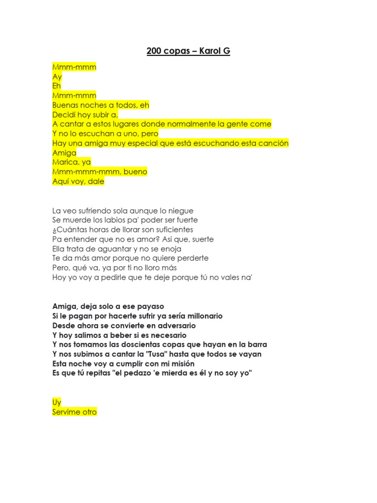 200 Copas - Letra de Karol G | PDF | Arte | Poesía