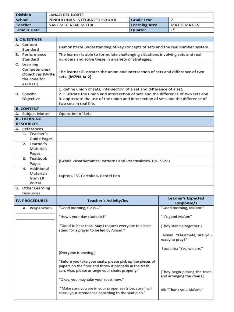 1ST G7 Week 2 Sets | PDF | Learning | Set (Mathematics)