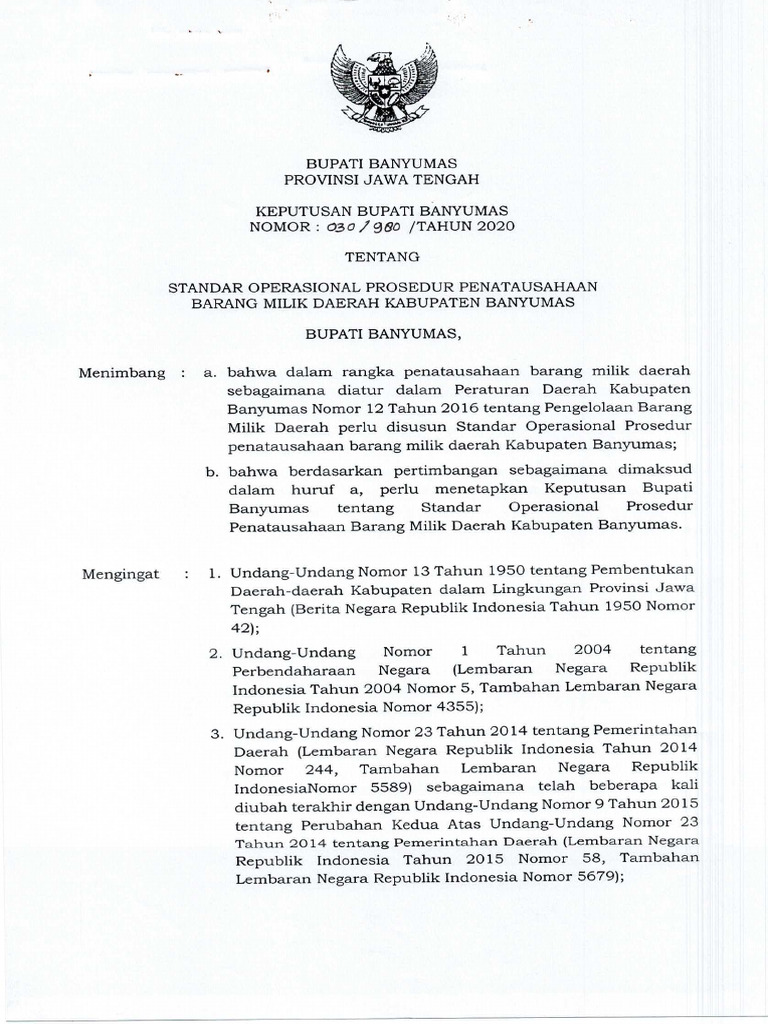 SK No 980 Tahun 2020 - SOP Penatausahaan BMD | PDF