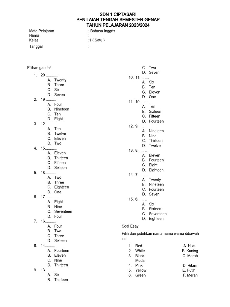 Soal Ujian Kelas 1 SD | PDF