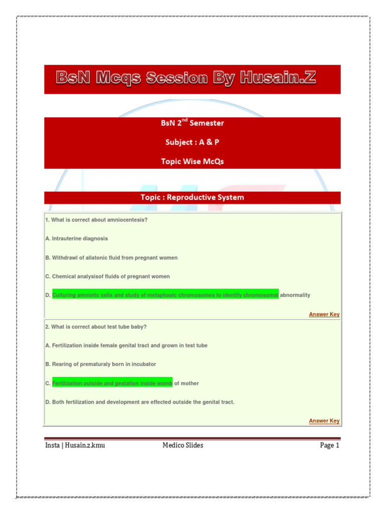 Reproductive System MCQs with Answers | PDF | Menstrual Cycle | Ovary